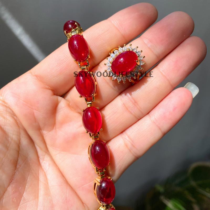 Set Rantai Cincin Emas Suasa Batu Zircon Merah Bulat Bujur Gold ...