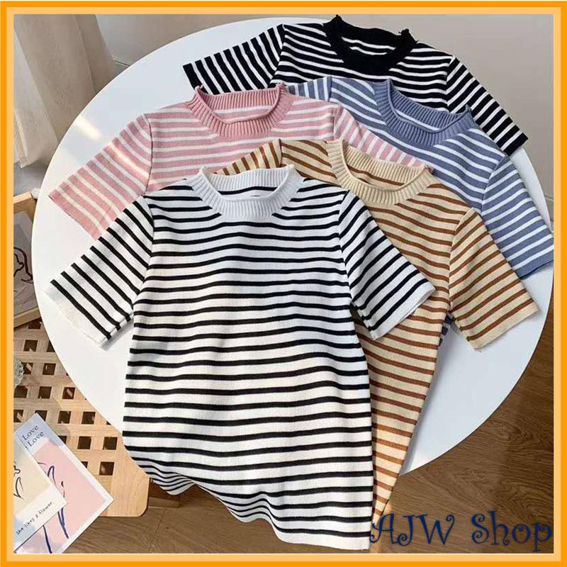 AJW [RW] Kaos Rajut Stripe Wanita Lengan Pendek | Atasan Rajut - Shop ...