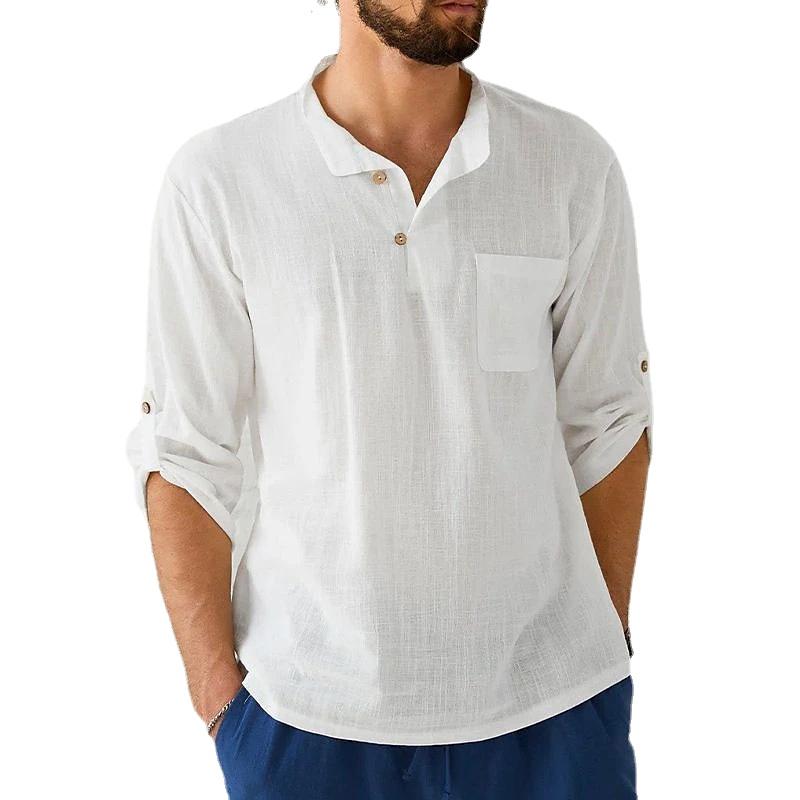 Henry Collar T-shirt Men's Autumn New Street Casual Solid Color ...