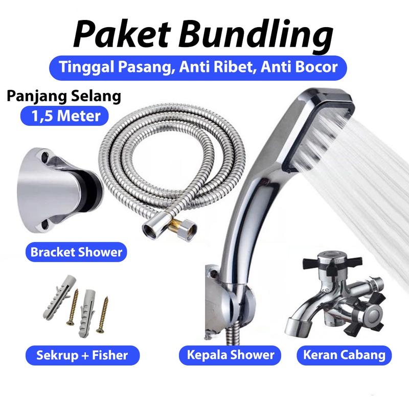 PAKET KOMPLIT SHOWER / Selang Shower Flexible 150cm / Kepala Shower 300 ...