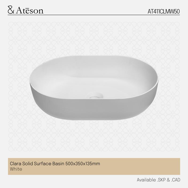ATESON AT411CLMW50 Clara Solid Surface Basin 500x350x135mm Putih Matt ...
