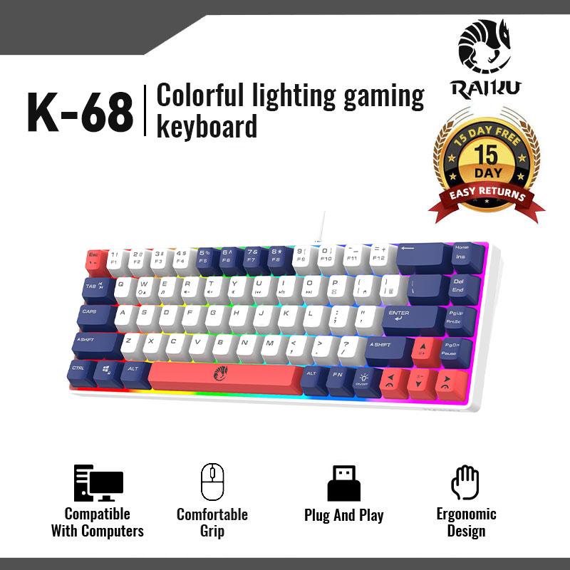 RAIKU K68 68-Key Compact RGB Gaming Keyboard with 3 Keycaps Color ...