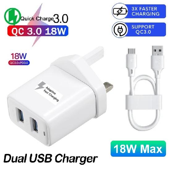 Pengecas Pantas 18w QC3.0 Dengan Wayar Kabel USB Palam Cas Cepat ...