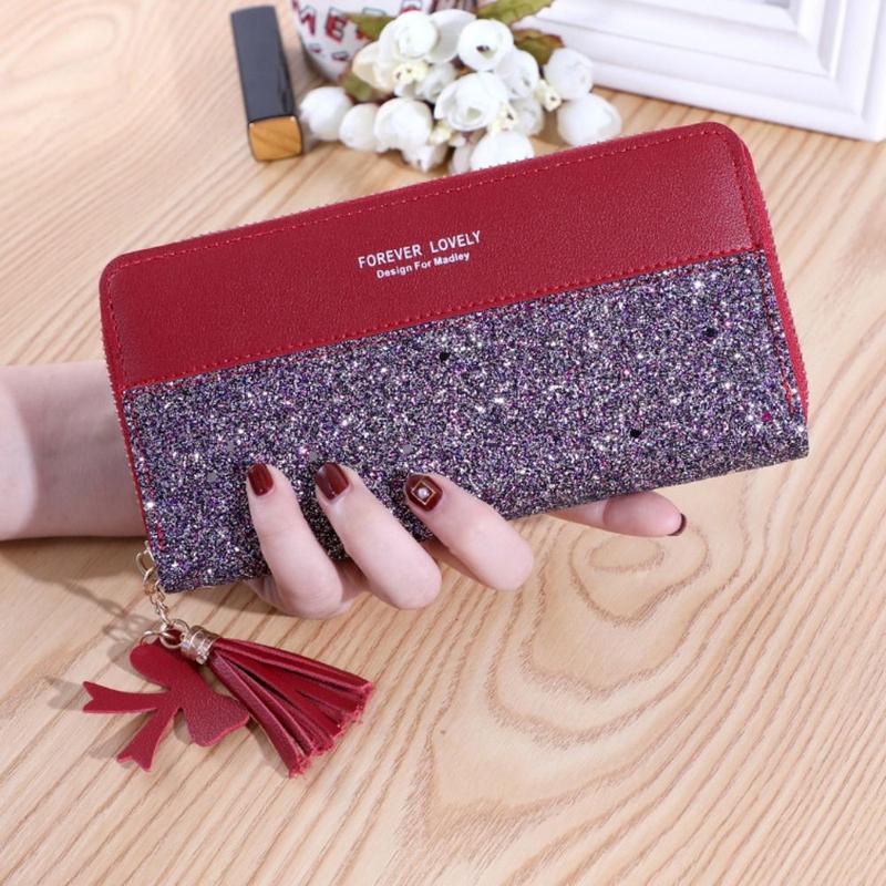 Dompet bergemerlapan merah jambu untuk wanita, pemegang kad kulit ...