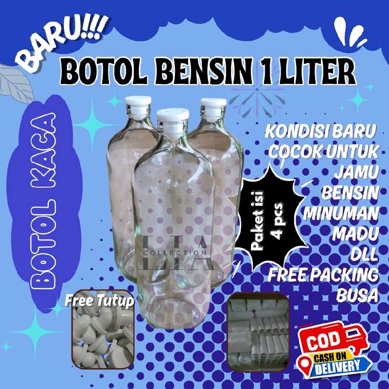 paket 4 BOTOL KACA 1LITER/BOTOL JAMU/BOTOL BENSIN ECERAN Penyimpanan ...