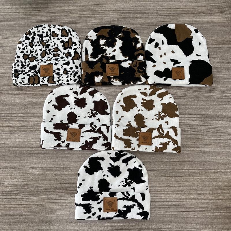 Women Men Cow Print Winter Hats Beanie Knitted Soft Warm Ski Cap