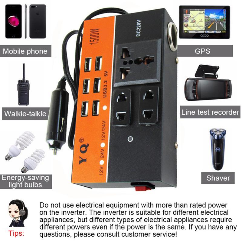 1500W DC Portable USB Car Power Inverter Adapter With 6 USB Ports ...