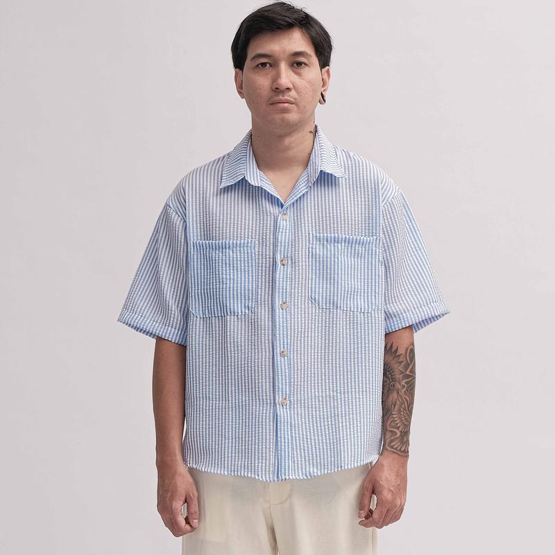 Hamata Studios - Alvar Stripe Blue Boxy Cut Shirt Pria Casual - Shop ...