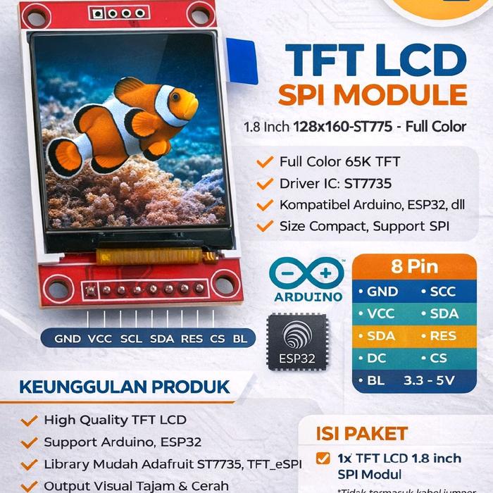 Jual LCD TFT Display 1,8 Inch 128x160 Pixel SPI Port 5V/3,3V untuk ...