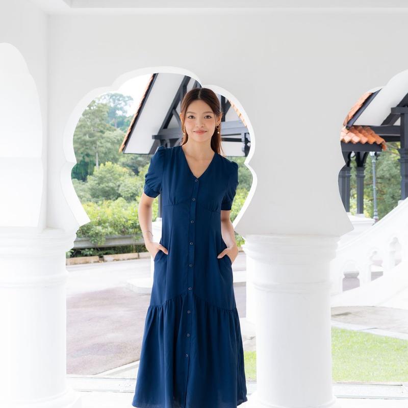 Madeline Sleeves Buttons Dress In Navy - TikTok Shop Singapore