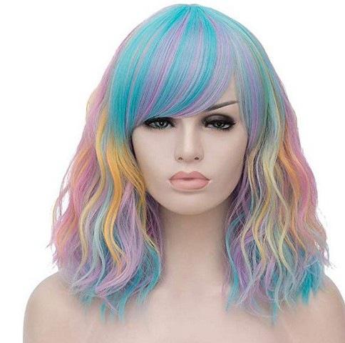 Multi Color Wig Short Curly Bob Wavy Wig for Women Girls Rainbow ...