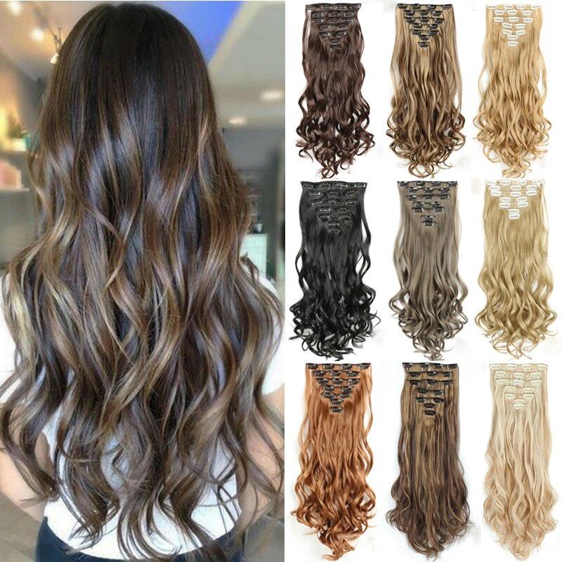 6pcs/set 24" hairpiece 140g straight 16 clips in fake style synthetic ...