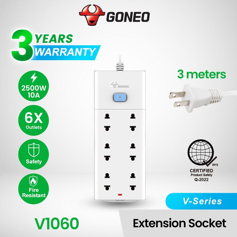 GONEO Extension Socket V Series V1060 300cm Cable 6 Outlets 2500w - TikTok Shop Philippines