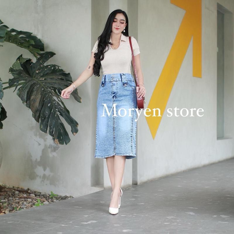 Narira rok jeans pendek 7/8 streach rok midi belah samping rok - Shop | Tokopedia