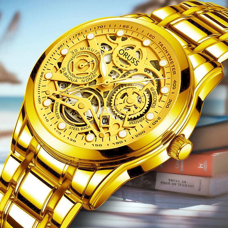 ORUSS-Jam tangan kuarza automatik sepenuhnya untuk lelaki, tulen ...