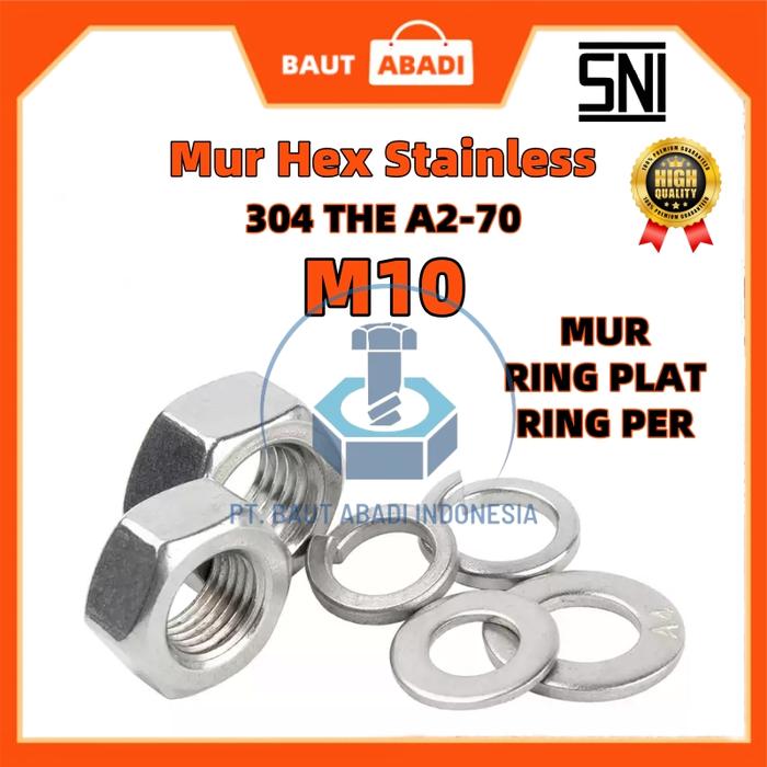 Jual Mur Hex Stainless Steel M10 SS 304 THE A2-70 / Ring plat SUS 304 ...