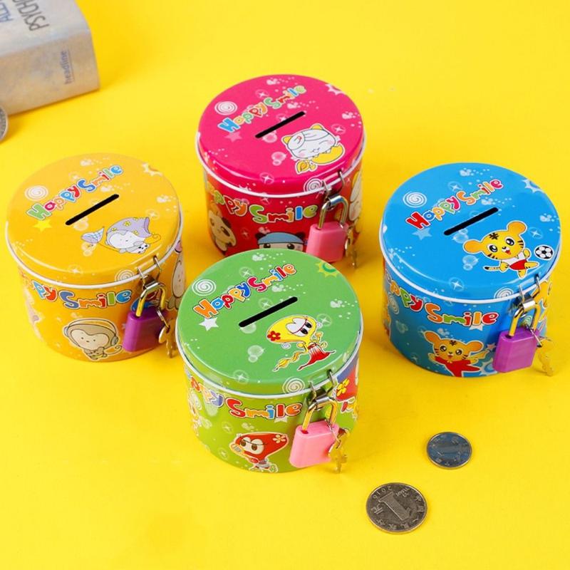 Random Color With Lock and Key Tinplate Piggy Bank Cartoon Print ...