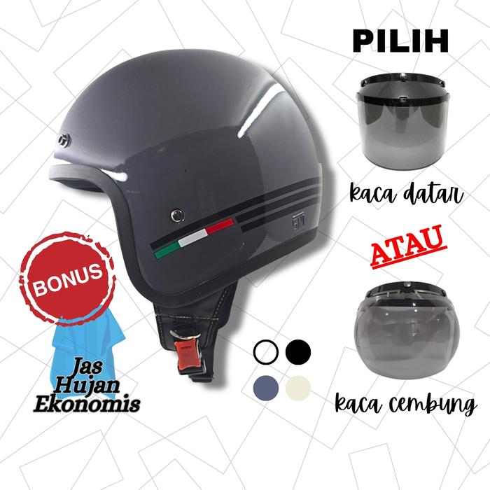 Promo Helm Retro Classic Polos Garis Bogo Dewasa SNI Cembung Datar Kaca ...