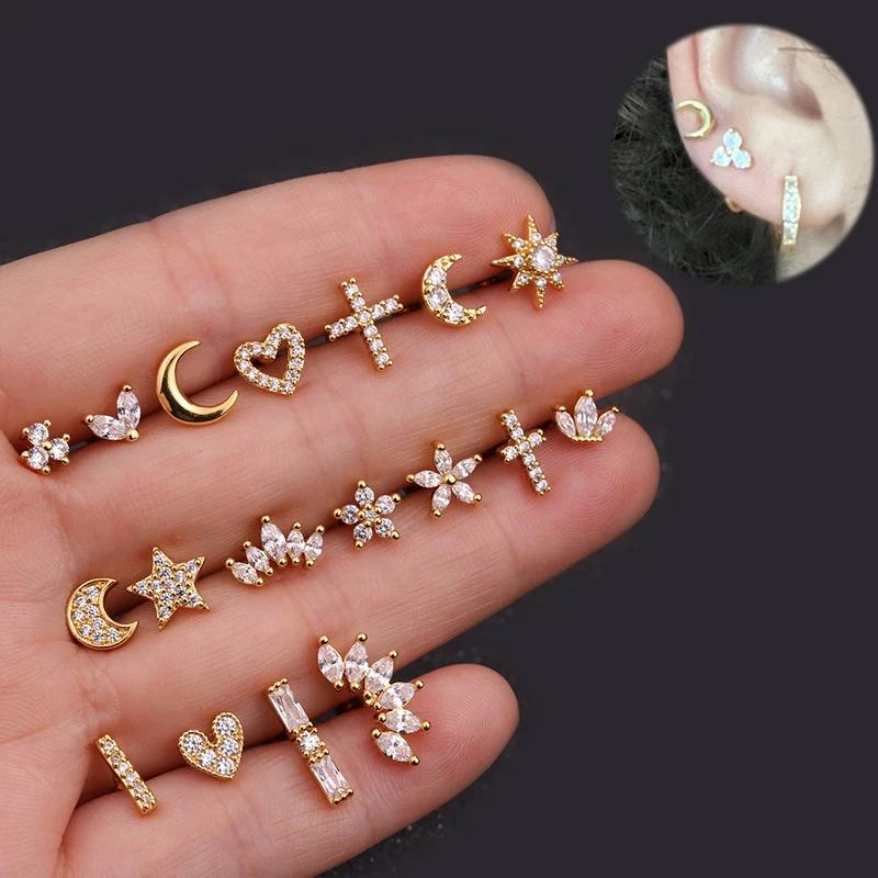 Subang Telinga Tindik Rata Helix, 1PC, Untuk Wanita, Zirkon Bulan ...