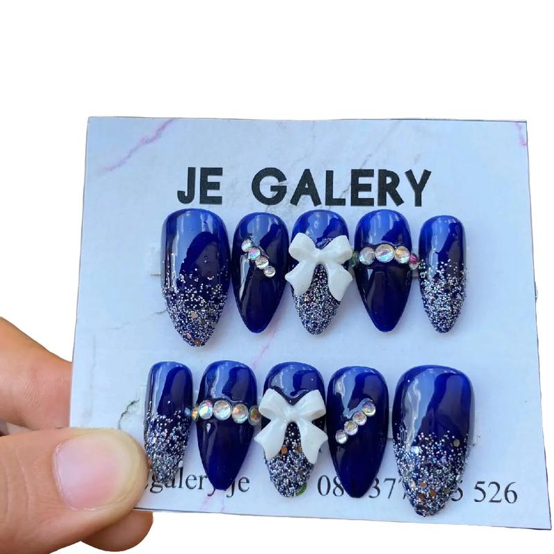 press on nails Kuku Art biru navy pita almond - Shop | Tokopedia