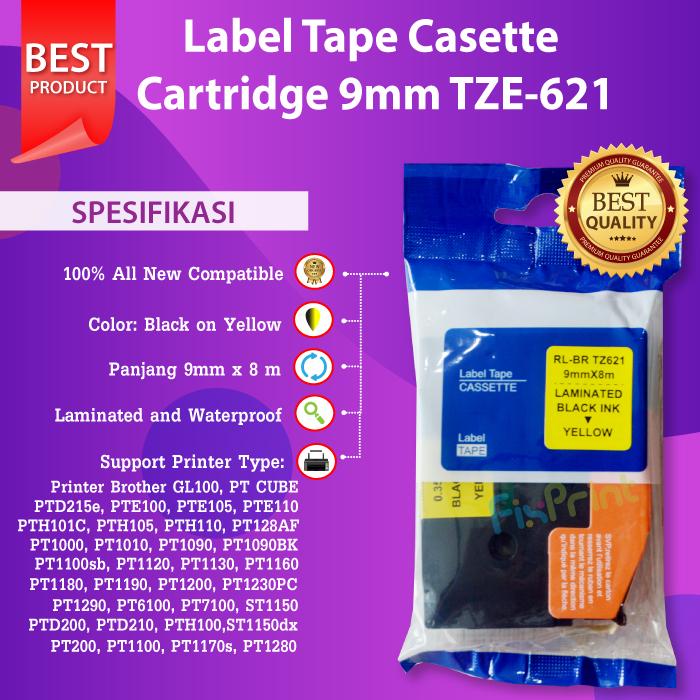 TZE-621 Brothr Label Tape 9mm Black On Yellow TZe621 TZe 621 Casette ...