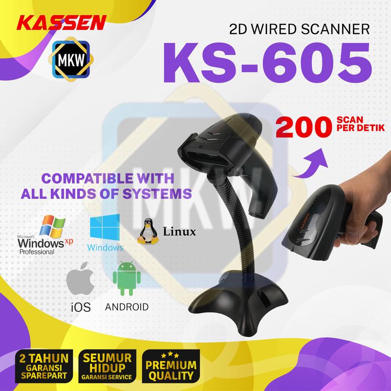 PROMO SCANNER BARCODE AUTO SCAN&SENSE KASSEN KS-605 2D KABEL USB+STAND ...