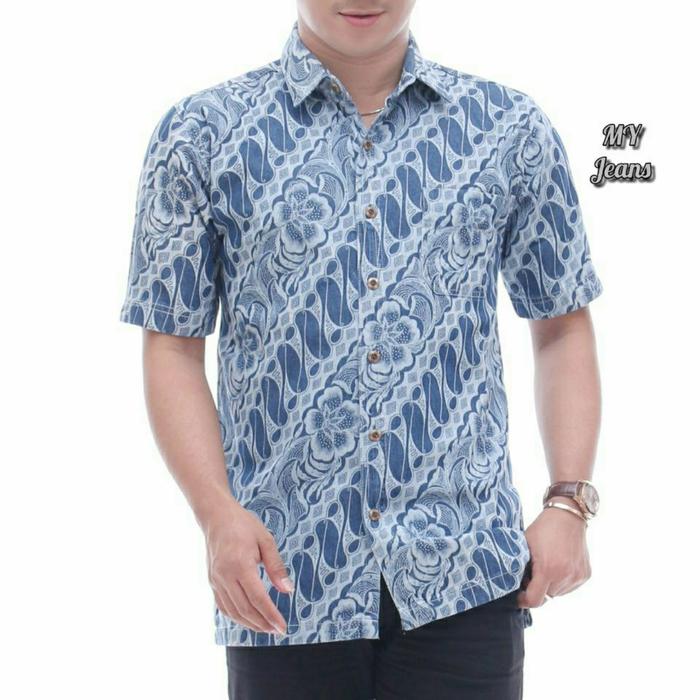 Jual Kemeja denim lengan pendek premium denim motif batik reguler fit ...