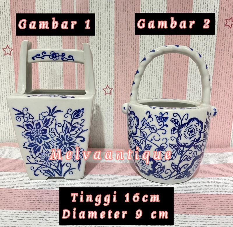 Tempat sendok /timba pajangan keramik biru putih t: 16cm, diameter ...