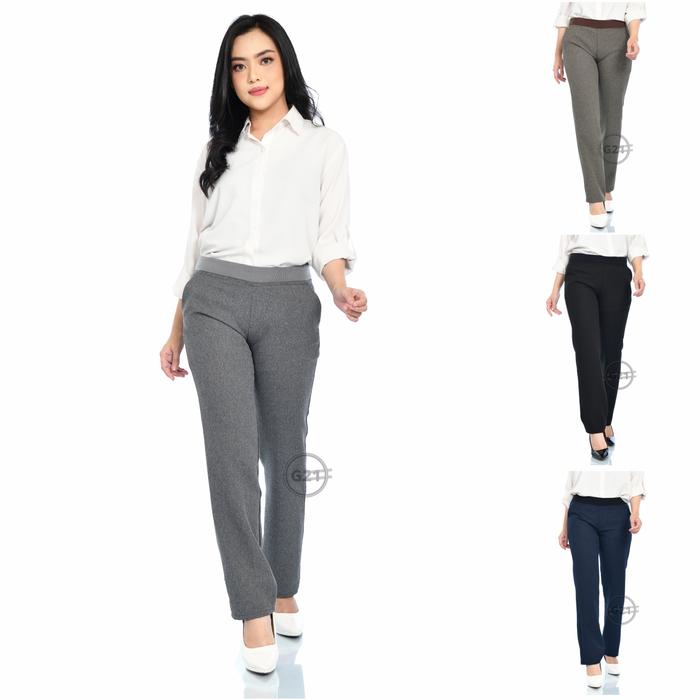 Promo Celana Kerja Kantor Wanita Pinggang Karet Panjang Bahan Dasar ...