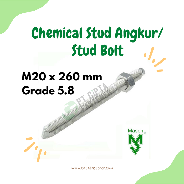 Jual Chemical Stud Angkur M20 / Stud Bolt Anchor Grade 5.8 M 20 x 260 ...