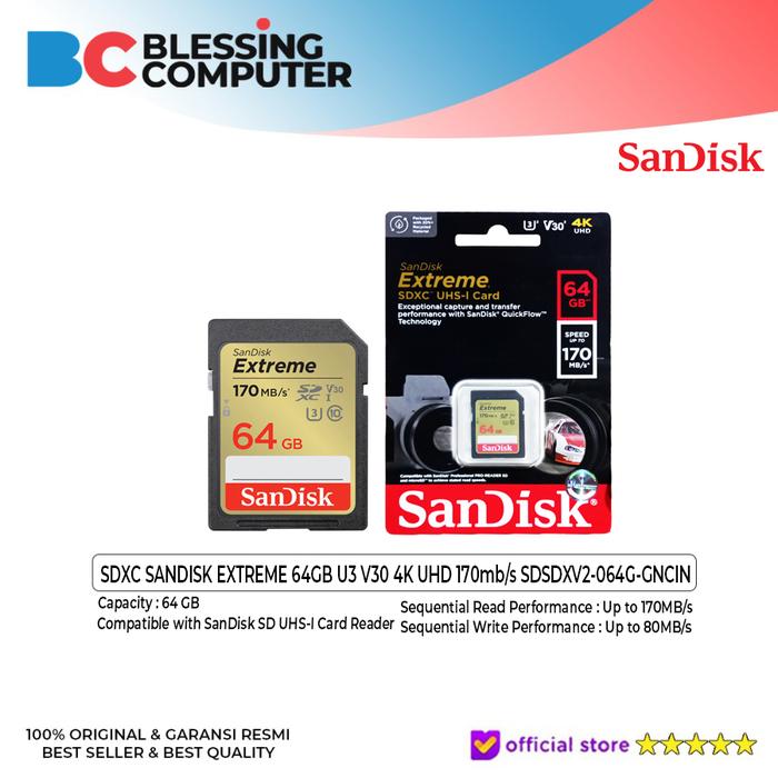 Jual SDXC SANDISK EXTREME 64GB U3 V30 4K UHD 170mb/s SDSDXV2-064G-GNCIN ...