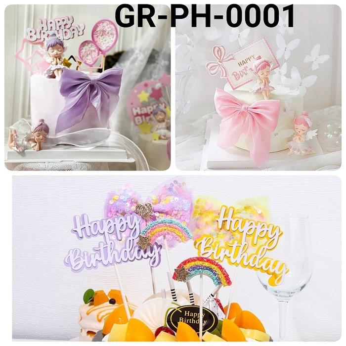 Jual GR-PH-0001 Cake topper hiasan kue happy birthday pita hati rainbow ...