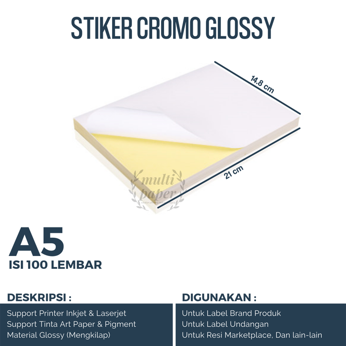 Jual Kertas Sticker Cromo Glossy A5 isi 100 lembar / Kertas Stiker ...