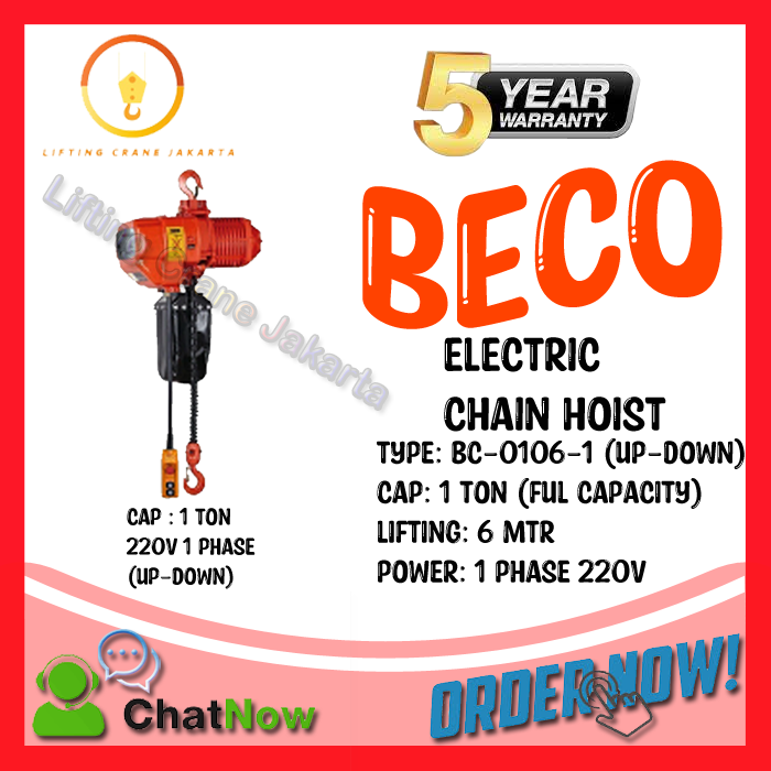 Jual Electric Chain Hoist Cap 1 Ton 6 Mtr Up Down 1 phase 220V BECO ...
