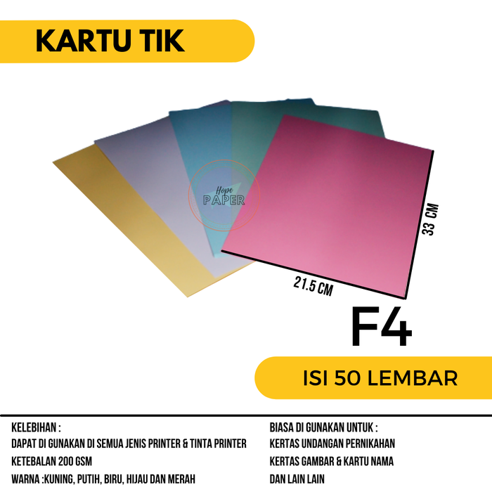 Jual Kertas Tik F4 200gr isi 50 lembar / Karton Tik F4 / Kertas Karton ...