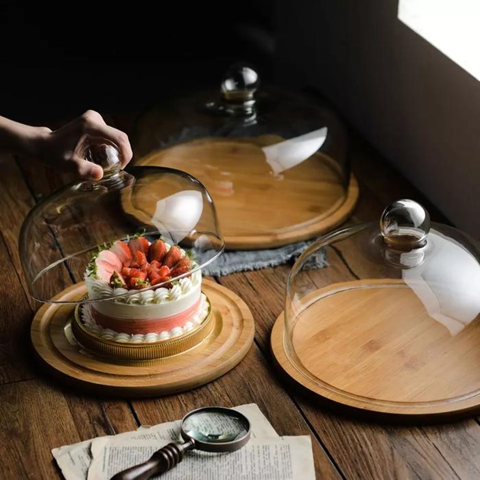 Jual Tempat Kue Round Wooden Cake Stand with Glass Cover Cake Display ...