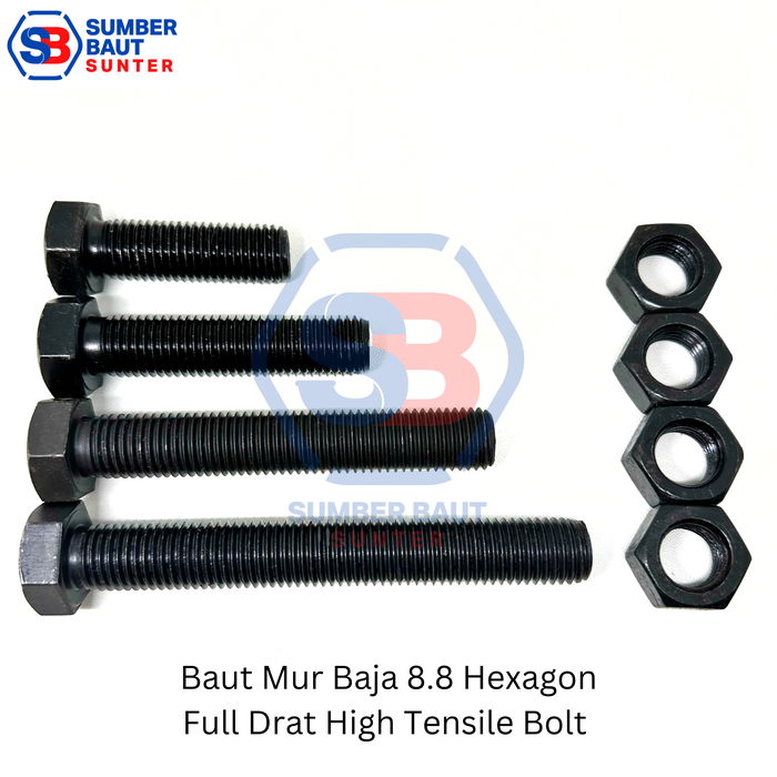 Jual M10x80 Baut Mur Baja 8.8 FULL DRAT Hitam Hex HTB High Tensile ...