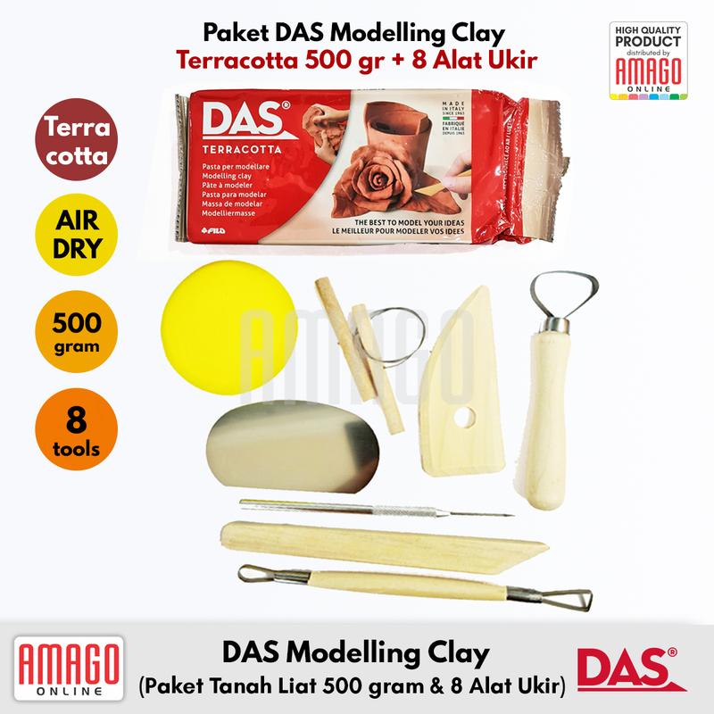 Paket DAS Modelling Clay 500gr Terracotta Coklat + 8 buah Pottery ...