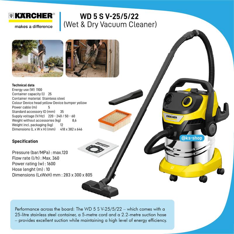 Wet and Dry Vacuum Cleaner Karcher WD 5 S V-25/5/22 Tank 25L 1100 Watt ...