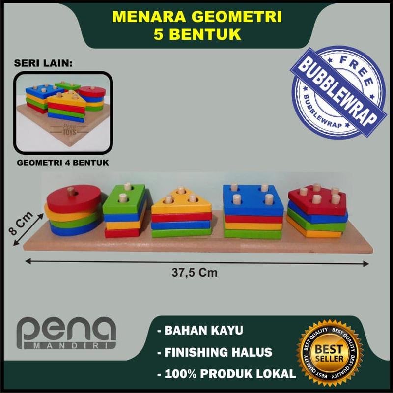 Menara geometri 5 bentuk Mainan Edukasi Edukatif Kayu Balok Puzzle ...
