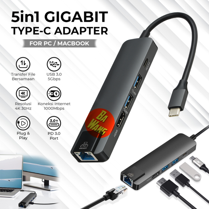 Promo Type-C Adapter USB 3.0 PD Charger HDMI 4K Gigabit LAN Ethernet ...