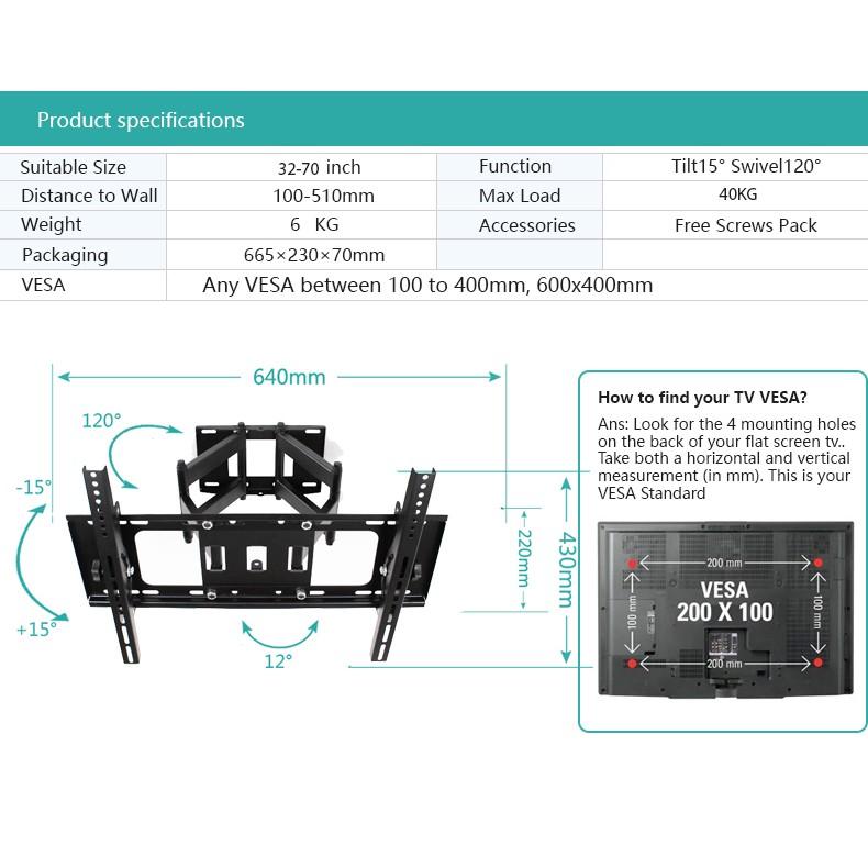 Bracket TV 32"-70" Inch Full Motion Double Arm Swivel Tilt Wall Mount ...