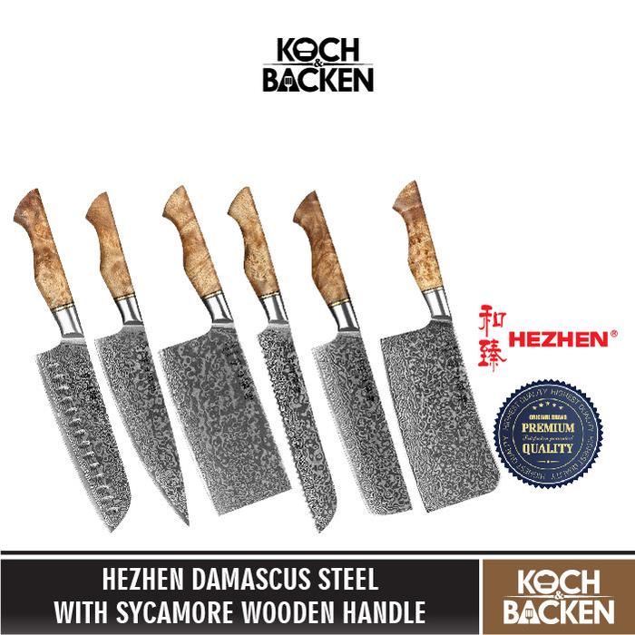 Promo HEZHEN B30 Damascus Steel Figured Sycamore Wood Handle - Pisau ...