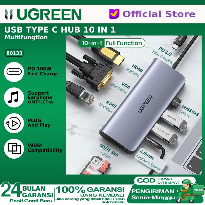 Jual UGREEN USB Hub 10 in 1 Type C To RJ45 HDMI VGA SD Card Aux 3.5mm ...