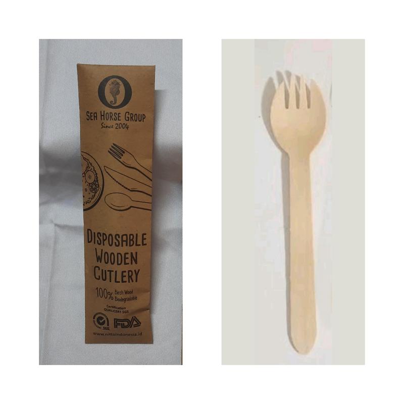 WOODEN CUTLERY SENDOK GARPU KAYU 16CM DENGAN COVER / SPORK 100PCS ...
