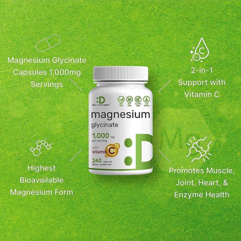 Deal Supplement Magnesium Glycinate 1000 mg + Vitamin C 240 Capsules ...