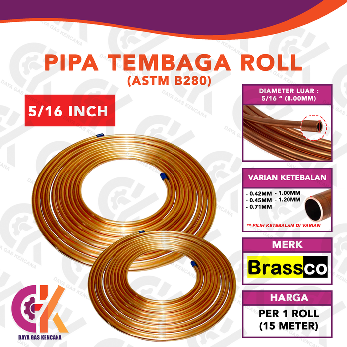 Jual BRASSCO Pipa Tembaga ASTM B280 Roll Ukuran 5/16" inci // 8mm ...