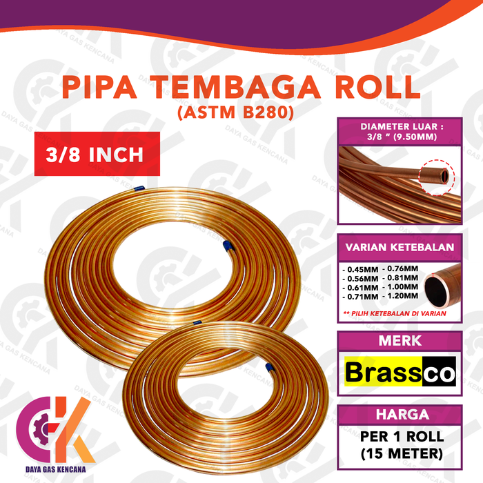 Jual BRASSCO Pipa Tembaga ASTM B280 Roll Ukuran 3/8" inci // 9.50mm ...