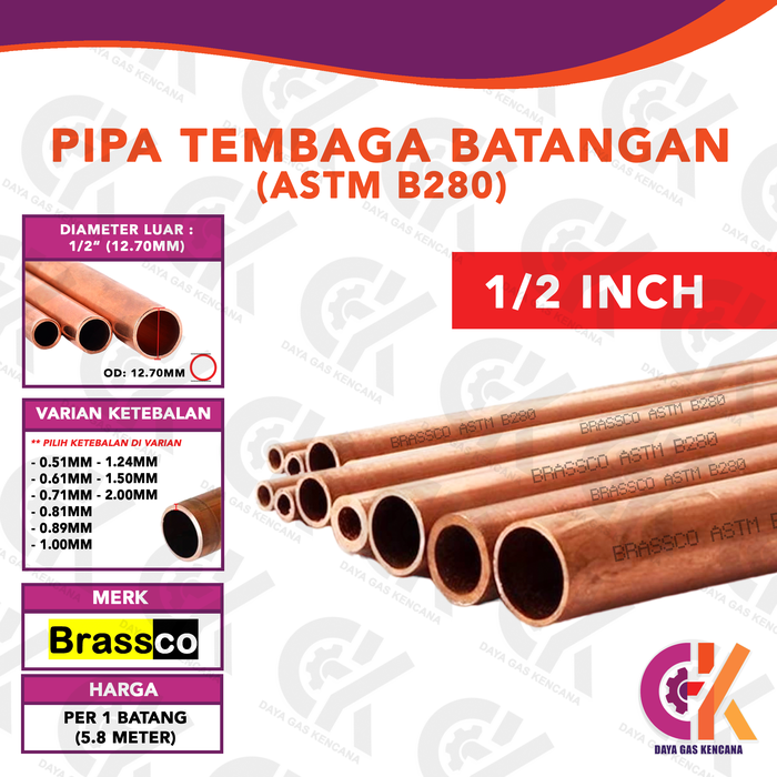 Jual BRASSCO Pipa Tembaga Batangan ASTM B280 1/2" inci inch // 12.70mm ...