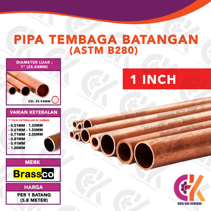 Jual BRASSCO Pipa Tembaga Batangan ASTM B280 1" inci inch // 25.54mm ...